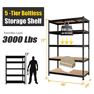 PrimeZone 48" x 24" x 72" Heavy Duty Storage Shelves - 5 Tier Adjustable Garage Storage Shelving, Metal Storage Utility Rack Shelf Unit for Warehouse Pantry Closet Kitchen, Black