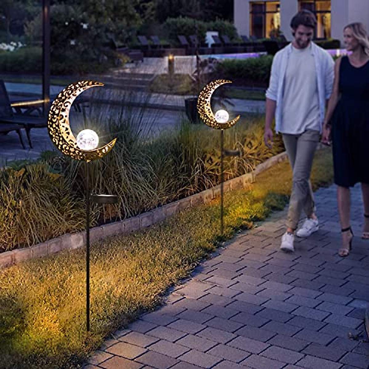 Edeco Outdoor Solar Lights Garden, Moon Crackle Glass Globe Stake Metal Waterproof  LED Lights for Pathway, Lawn, Patio, Yard