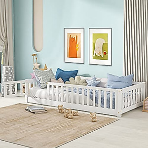 Tatub Twin Size Floor Bed with Safety Guardrails, Door and Slats, Montessori Floor Bed Frame, Wood Montessori Floor Bed for Kids, Girls and Boys, Twin-White