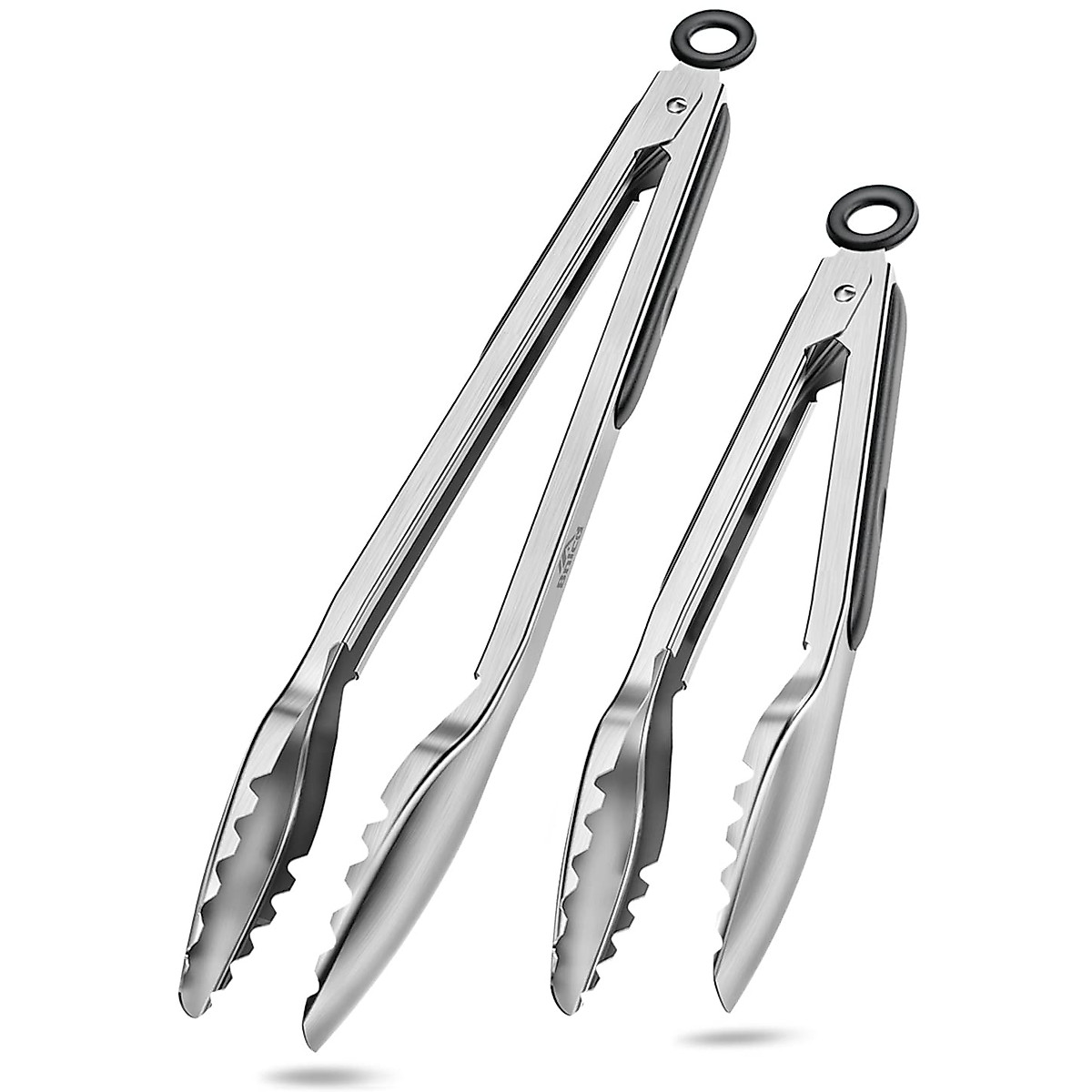 Bnlcd Cooking Tongs with Teeth, Premium Stainless Steel Kitchen Tongs Set of 2-9" and 12", Heavy Duty Locking Metal Food Tongs with Non-Slip Grip - Black