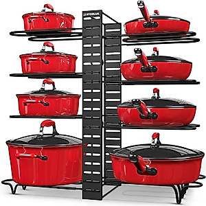 STORLUX Pot and Pan Organizer for Cabinet, Adjustable 8 Non-Slip Tiers Pot Rack with 3 DIY Methods, Kitchen Cabinet Organizer for Pots and Pans, Black Steel Cookware Organizer (UPGRADED)