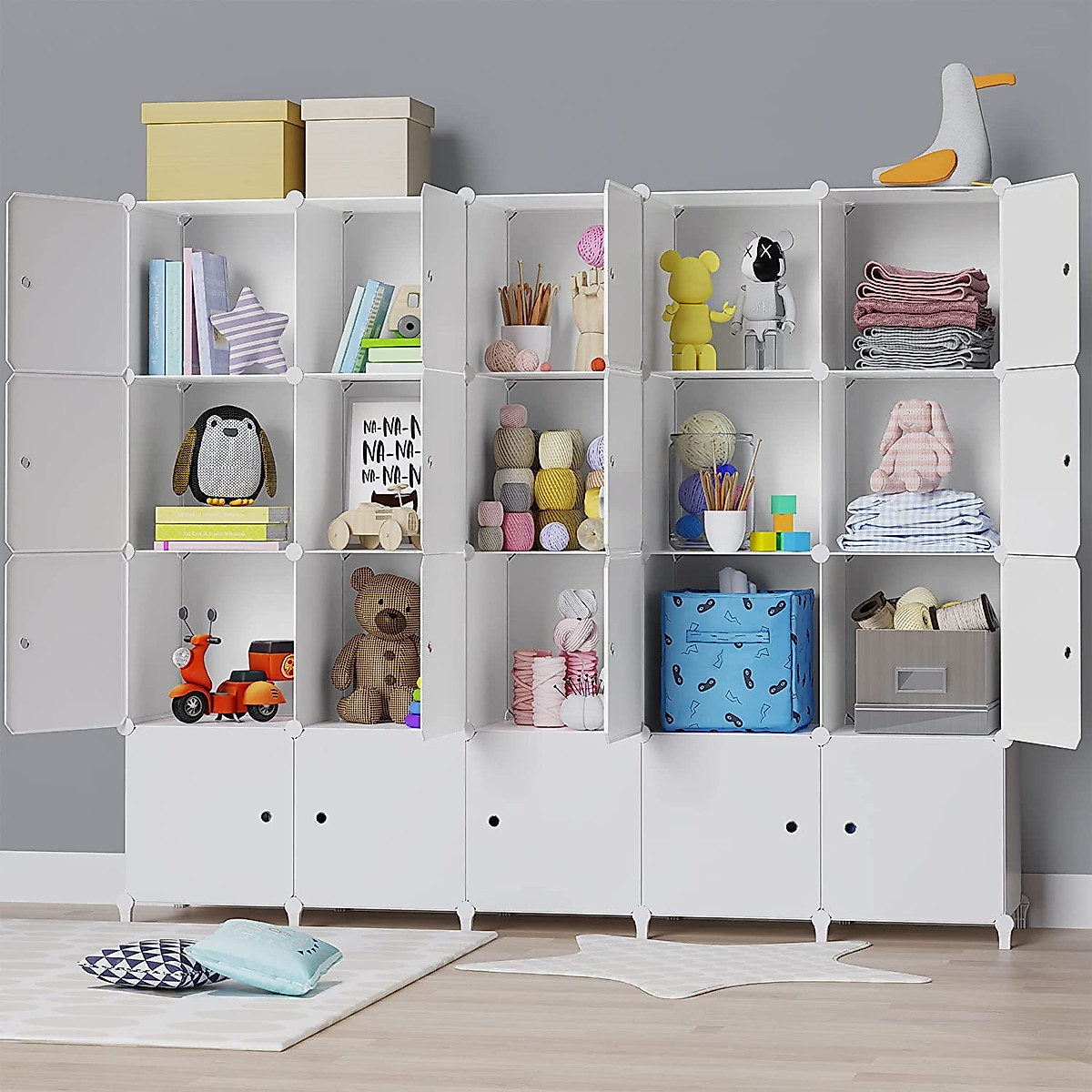 HOMIDEC Cube Storage Organizer, Heavy Duty Portable Closet Wardrobe with Door, 58in Large Closet Organizers and Storage with Hanging Rod for Clothes Yarns Toys Books Tools(20 cube white)