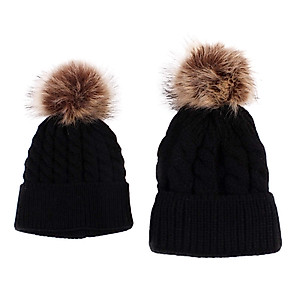 2PCS Parent-Child Hat Warmer, Mother & Baby Daughter/Son Winter Warm Knit Hat Family Crochet Beanie Ski Cap Black