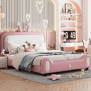 YSWH Full Size Upholstered Rabbit Shaped Princess Bed, Wood Platform Bed Frame with Bunny Ears Headboard and Bunny Tail Footboard, Kids Bedroom Furniture Fun Cute Rabbit Bed Pink Bed