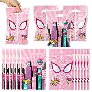Andi Cppss Pink Spider Party Bags - 50PCS Pink Spider Party Gift Bags for Kids, Plastic Goodies Bags with Handle for Pink Spider Theme Party Supplies, Baby Show Birthday Party Treat Candy Snack Bags
