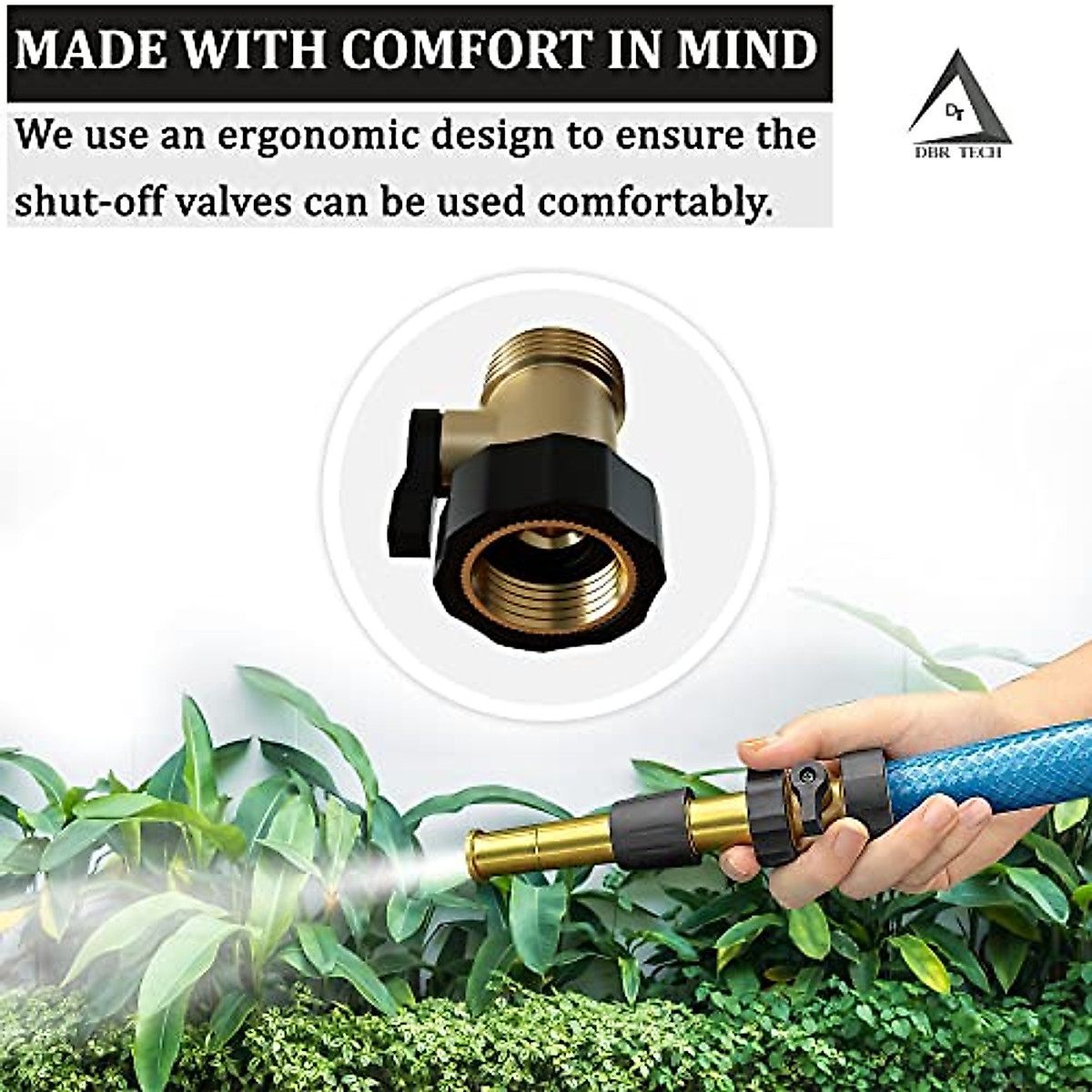 DBR Tech Heavy Duty Brass Shut Off Valve, Garden Connector Attachment with Rubber Washers for Outdoor Lawn and Gardening Hoses, Leak Resistant Threading, 3/4 Inch