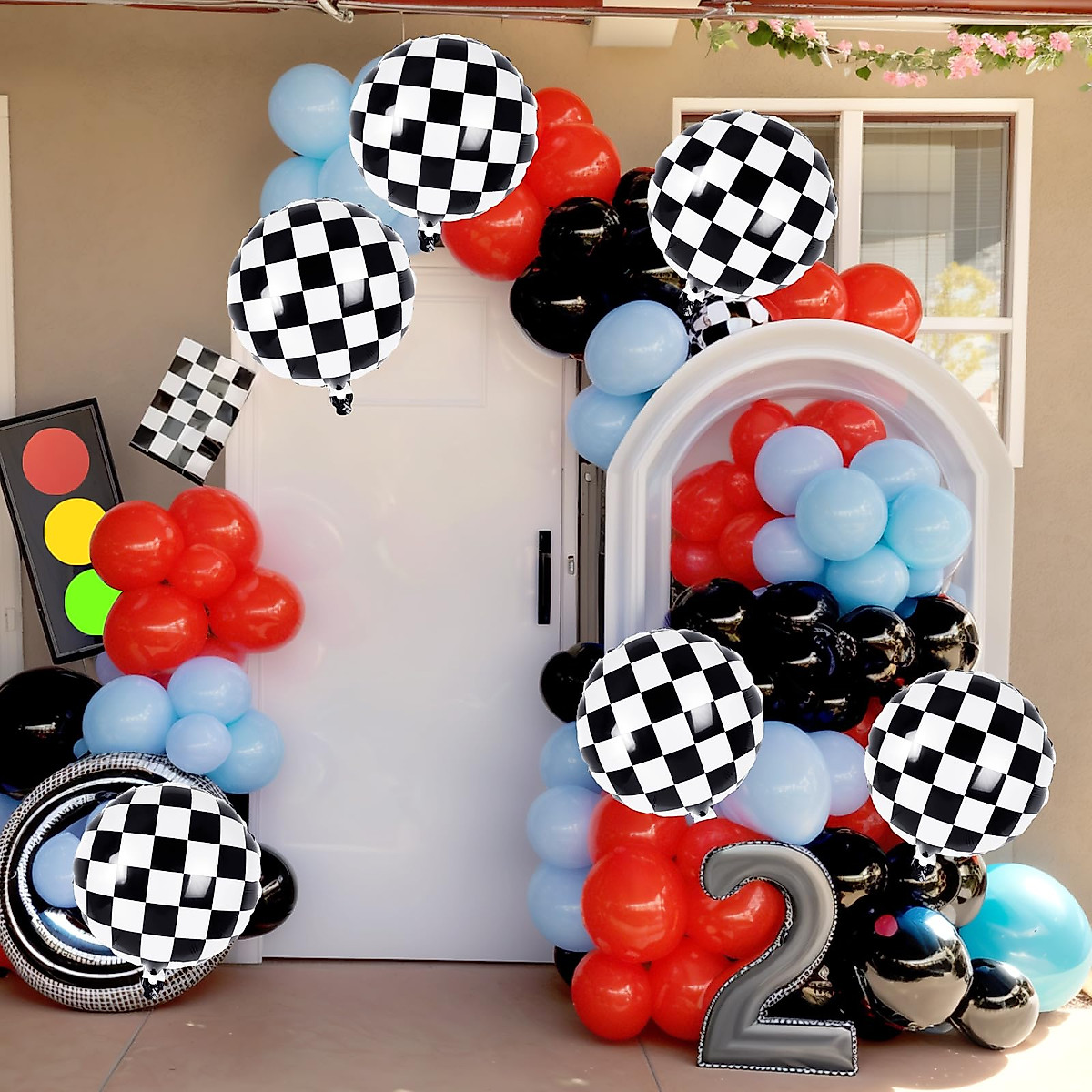 Checkered Balloons, 12 Pcs Checkered Racing Foil Balloons, 18 Inch Black and White Checkerboard Mylar Balloons for Race Car Birthday Party Supplies Decoration