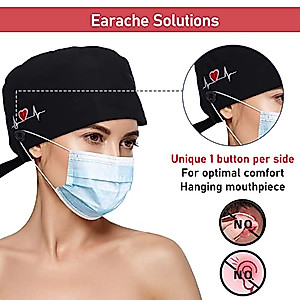 Lusofie Adjustable Working Cap with Button Sweatband Surgical Cap Nurse Hat Cotton Ponytail Holder Scrub Caps Tie Back Hats for Women Men