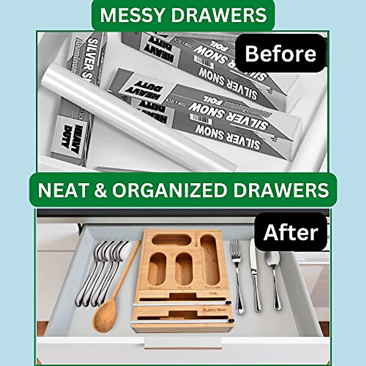 DEPAZZ - Bamboo Ziplock Bag Storage Organizer for Kitchen Drawer & Wall Mount - 6 in 1 Foil & Plastic Wrap Dispenser with Cutter - Suitable for Gallon, Quart, Sandwich & Snack Bag - Work with 12" Roll