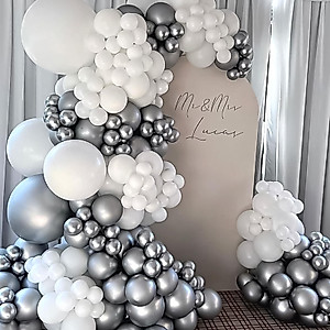 RUBFAC Silver Balloons Latex Party Balloons, 100pcs 12 Inch Silver Balloons for Party Decoration Like Birthday Party, Graduation, Wedding, Baby Shower, Gender Reveal (with Silver Ribbon)