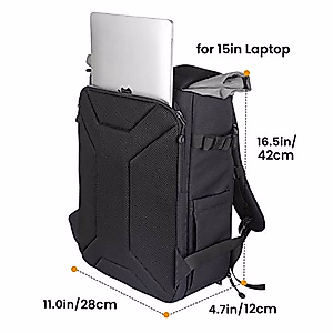 TARION XH Camera Bag Hard Shell Camera Backpack Hardcase Camera Bag Roll Top DSLR Backpack Bag with 15" Laptop Compartment Waterproof Raincover for Cameras Lens Tripod Outdoor Men Women Color Silver