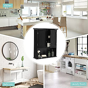 COSTWAY Wall Mounted Bathroom Cabinet, Over The Toilet Storage Cabinet w/Double Doors & Adjustable Shelf, Wood Hanging Medicine Cabinet for Living Room, Entryway, Kitchen (Black)