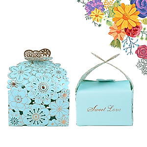 Wolfteeth Party Favor Boxes, Wedding Favors Boxes, Small Candy Boxes for Gift Giving, Laser Cut Floral Boxes, Thank You Gifts Wrap Boxes for Bridal Baby Shower Birthday Christmas, 100 Pack, Blue