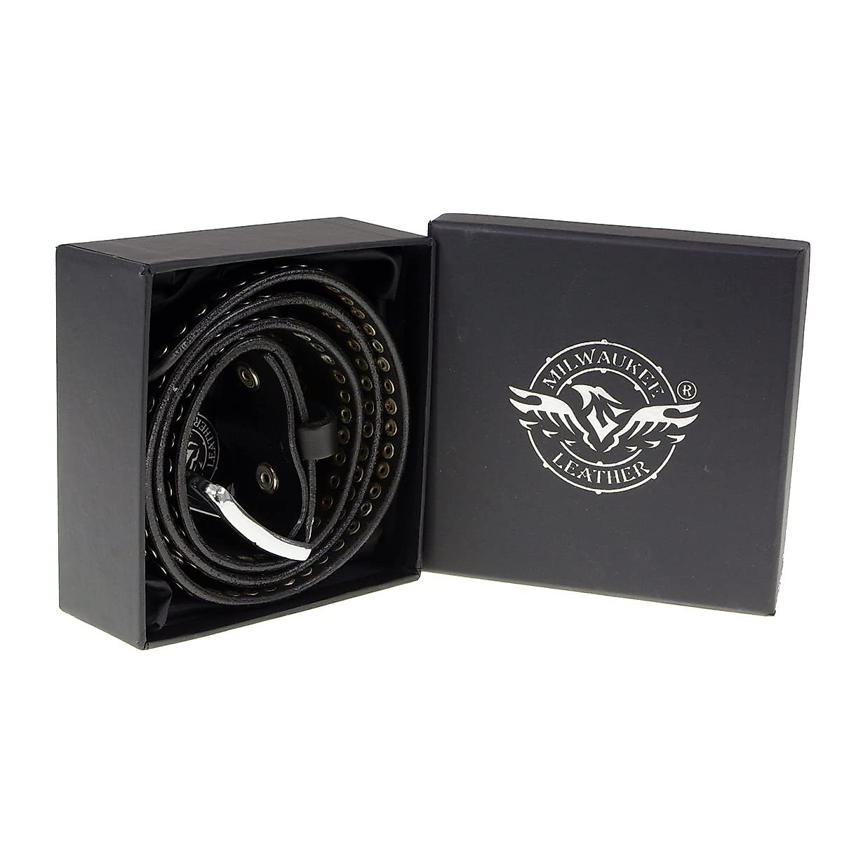 Milwaukee Leather MP7103 Men's Black Studs and Skulls Genuine Leather Belt for Biker with Buckle - 1.5 inches Wide - Large