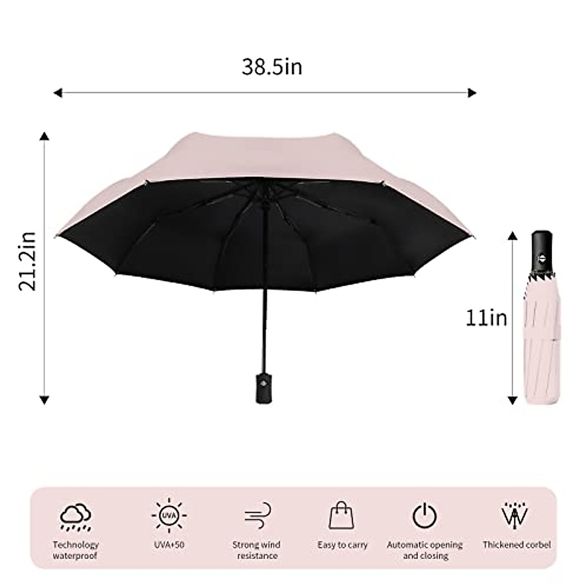 Cloudia Automatic Windproof Travel Umbrella, Umbrella in Rain and Sun for Women and Men (Pink)