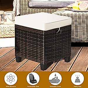 Tangkula 2 Pieces Outdoor Patio Ottoman, All Weather Rattan Wicker Ottoman Seat, Patio Rattan Furniture, Outdoor Footstool Footrest Seat w/Removable Cushions (Cream)