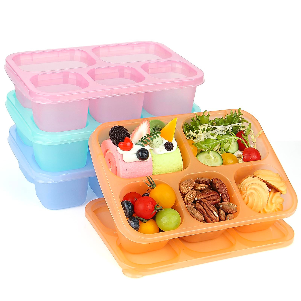 Lunbxx Bento Lunch Boxes - Reusable 5-Compartment Food Lunchables Containers, Snack Boxes For Adults Container for School, Work, and Travel, Set of 4 (Pastels)