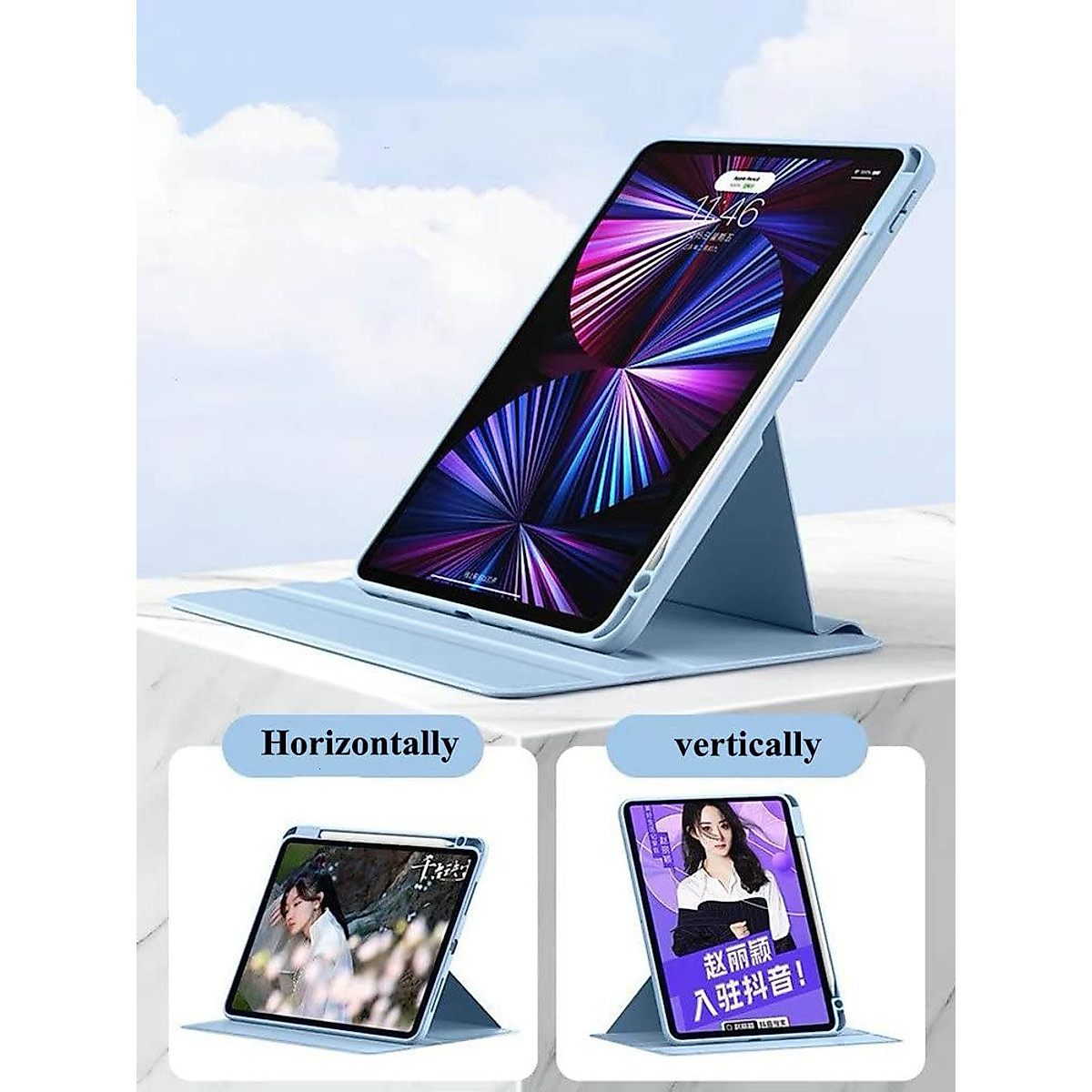 Rotating Case for iPad Mini 6 (iPad Mini 6th Generation 8.3 Inch) - [Built-in Pencil Holder] 360 Degree Rotate Stand Cover, Clear Transparent Back Shell (iPad Mini 6(8.3 inch), Sky Blue)