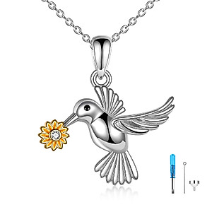 ONEFINITY Cremation Jewelry for Ashes Sterling Silver Sunflower Hummingbird Memorial Urn Necklace for Ashes Hummingbird Pendant Keepsake Memory Necklace Gifts for Women