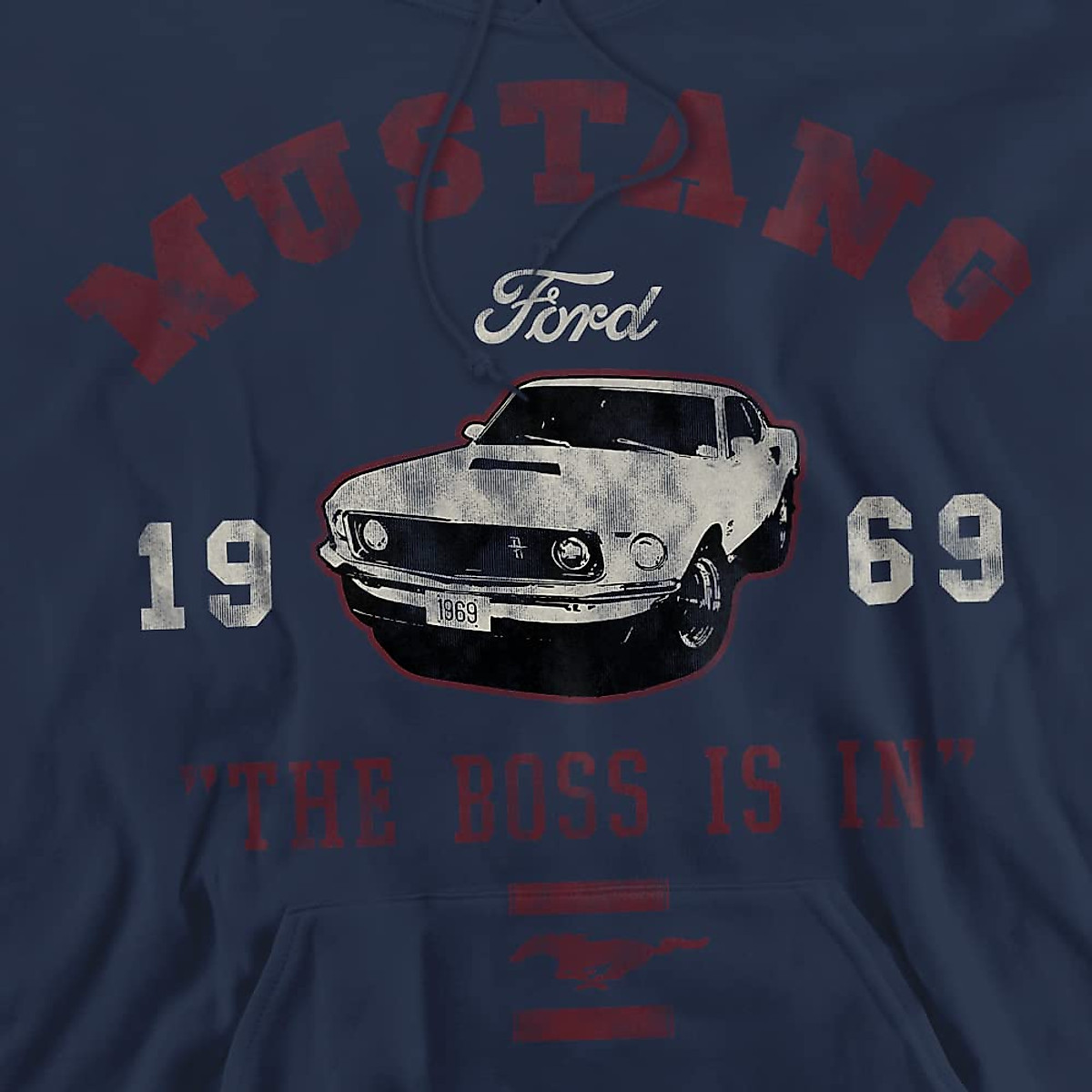 Popfunk Classic Ford Mustang The Boss Is In Unisex Adult Pull-Over Hoodie, Navy, X-Large