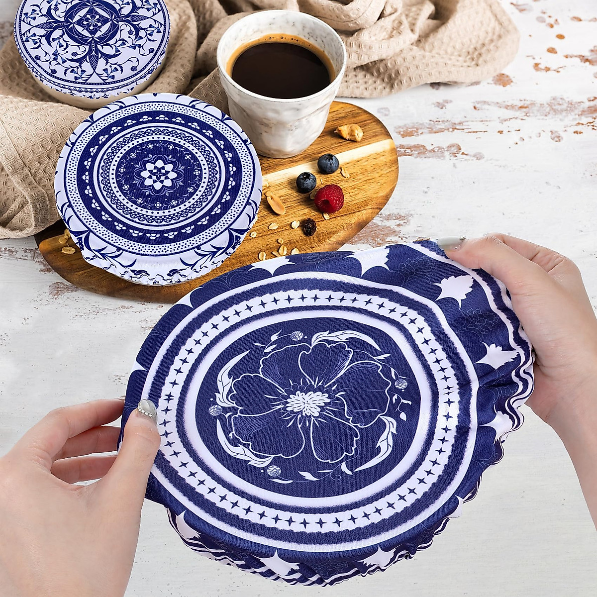 5 Pieces Bowl Covers Reusable, 5 Size Stretch Cloth Bowl Covers for Bread Proofing Cotton Fabric Elastic Bowl Covers Reusable Food Covers Washable for Food Fruits Leftover (Blue)