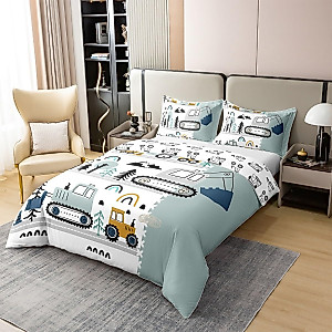 Erosebridal Pure Cotton Construction Comforter Duvet Cover,Cartoon Excavator Vehicle Bedding Queen,Reversible Tractor Bedding Toddler Bedding Boys Comfy Cozy Room Decor,Teal