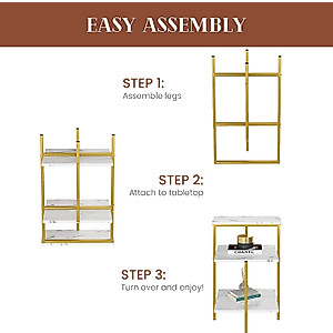 Lamerge Small End Table,3-Tier Gold Side Table,Rectangle Bedside Tables/Nightstand,Marble Coffee Table Corner Table w/Metal Frame,Small Table for Bedroom, Small Spaces,White+Gold