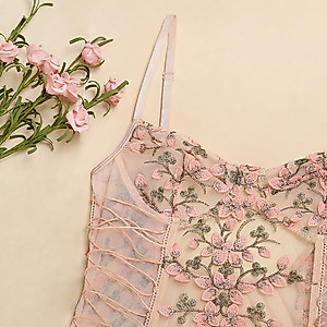 Lilosy Women Sexy Lace Up Floral Embroidered Teddy Babydoll Lingerie Bodysuit Top Mesh Sheer One Piece See Through Pink Small