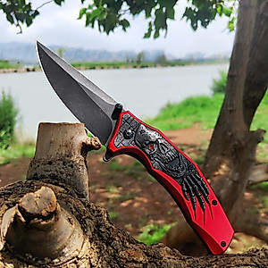 MADSMAUG Pocket Knife, Cool Pocket Folding Knife with 3D Embossed SKULL patterns, Great festival Halloween Christmas Gift EDC knife For Men Outdoor Survival Camping (Red)