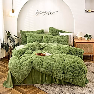 Gusuhome Fluffy Duvet Cover Set Full Size Green Ultra Soft Shaggy Fluffy Comforter Cover Set Fuzzy Quilt Cover Set Bedding Set 3Pcs (1Duvet Cover + 2Pillow Shams) with Zipper Closure Avocado Green