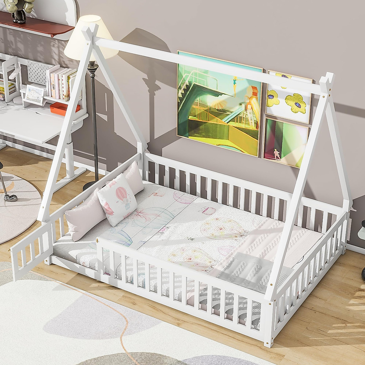 Luxo Abode Full Size Montessori Floor Bed with Tent-Shaped and Guardrails Fence, Pine Wood Bed Frame w/Slats & Door, Easy Assembly, for Toddlers, Children's Room, Playroom, White