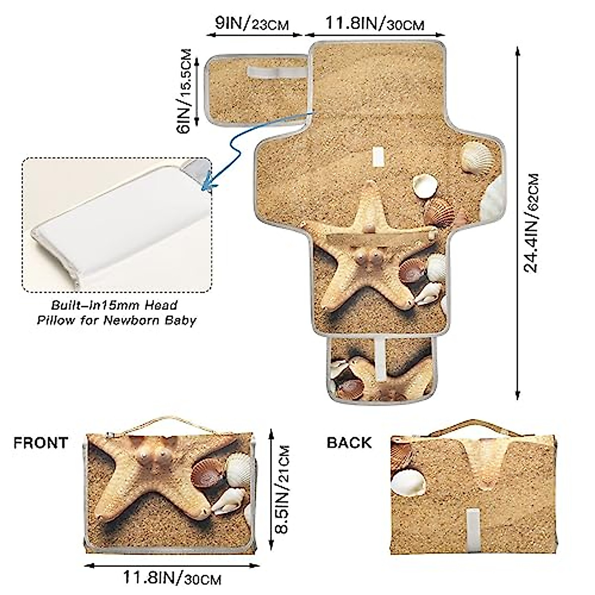 Beach Starfish Seashells Portable Baby Changing Pad Travel Diaper Changing Table Mat Foldable Waterproof Changing Station with Built-in Pillow for Girls Boys Newborn Essentials