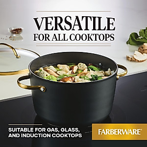 Farberware Forged Induction Ceramic Nonstick Cookware Stockpot with Lid, Dishwasher Safe, Suitable for All Stovetops, 6 Quart Soup Pot, Stockpot - Black and Gold