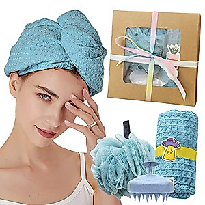 Hair Towel Gift Set, 3 Pcs Microfiber Fast Dry Hair Caps Bath Sponge Scalp Comb Bathroom Supplies Set (Blue)