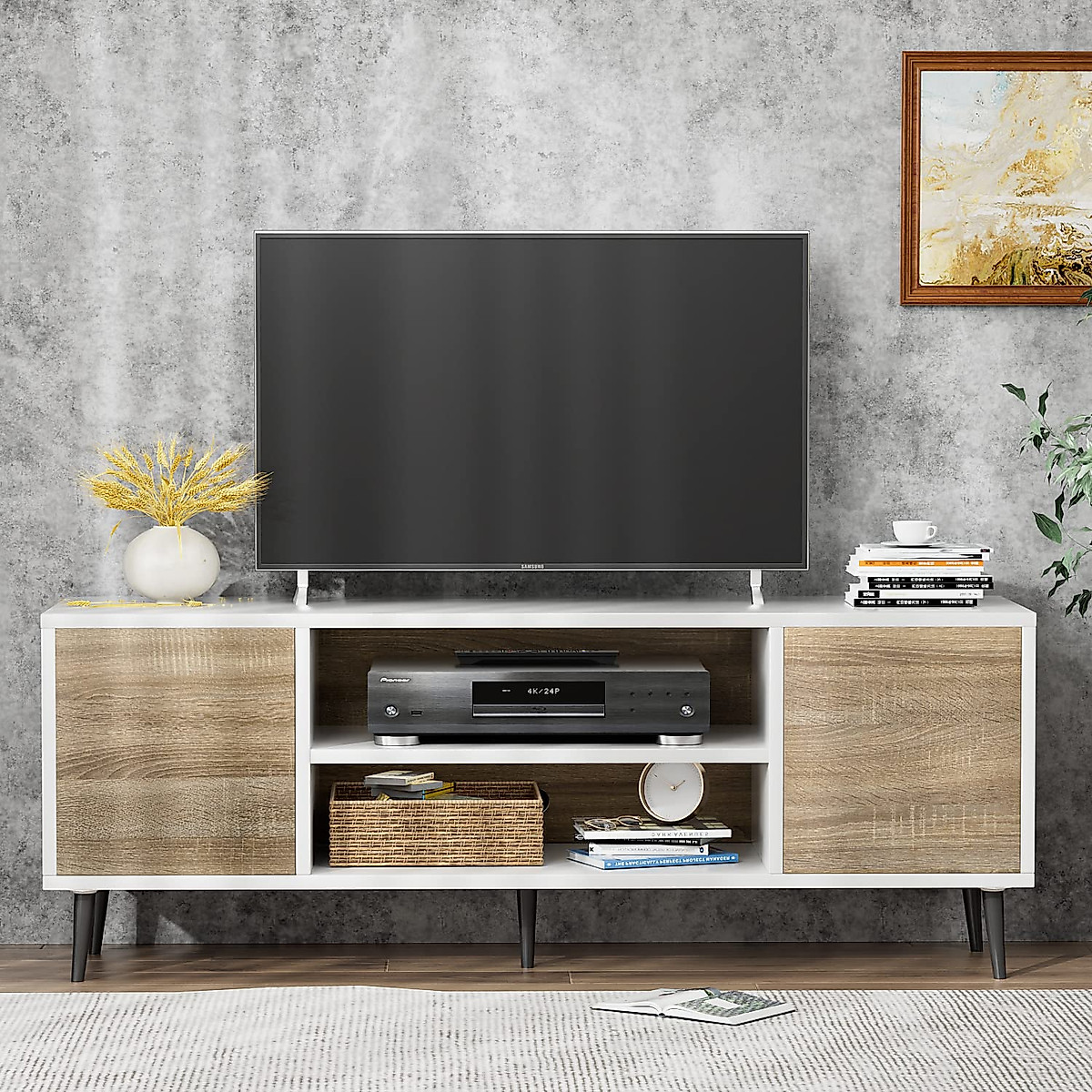 YESHOMY Modern Retro TV Stand for Television up to 65", Entertainment Center with Two Storage Cabinet and Shelf, Media Console for Living Room, Bedroom, Enterway, Office, 58 Inch, White and Oak