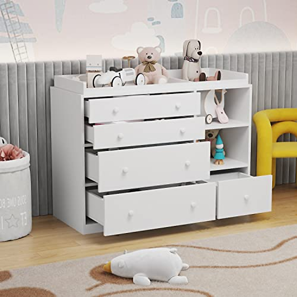 Hitow Nursery Dresser Baby Dresser with 5 Drawers & Open Shelf, White Baby Room Bedroom Dresser with Removable Top, Nursery Dresser Storage Organizer for Infant (47.2" W x 19.5" D x 36.1" H)