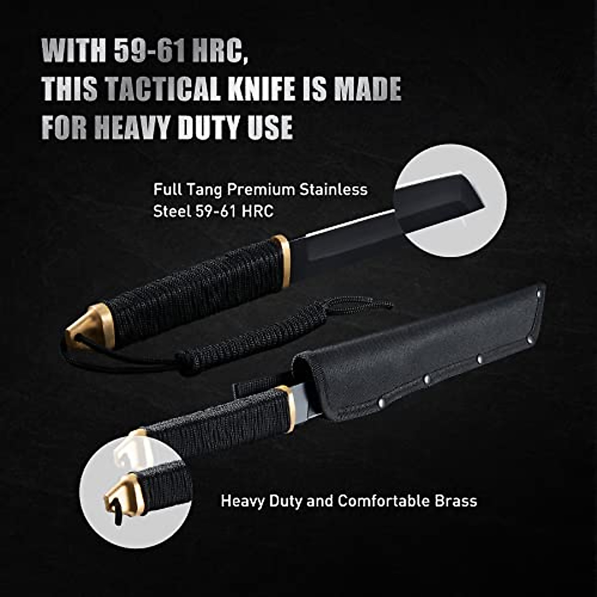 Leopcito 11.5" Japanese Fixed Blade Tactical Knives with Sheath, Stainless Steel Black Survival Hunting Bushcraft Full Tang Tanto Knife with Paracord Handle for Camping, Adventure, EDC, C101BK