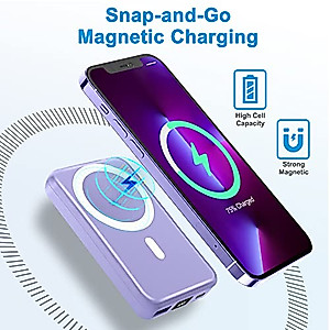AOGUERBE Magnetic Wireless Portable Charger, 10000mAh Wireless Power Bank PD 22.5W Fast Charging with USB-C LED Display Mag-Safe Battery Pack Compatible for iPhone 14/13/12 Pro/Mini/Pro Max（Purple
