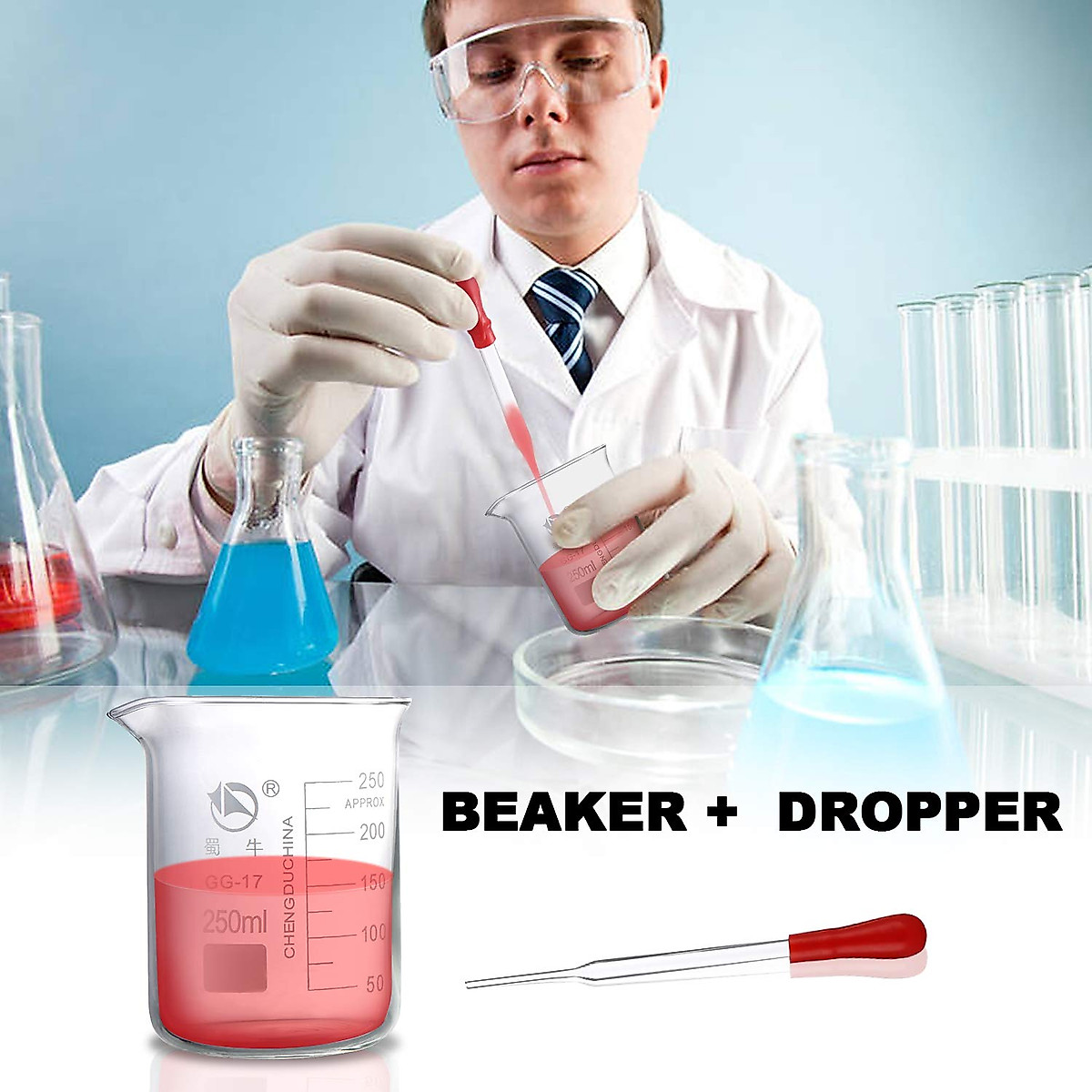 Young4us Glass Beakers, Pack of 6 Low Form Glass Measuring & Glass Droppers Set, 3 Graduated Griffin Beakers in 3 Sizes with Scales, 250ml, 100ml, 50ml, 3 Glass Droppers Without Scales (3ml per Drop)