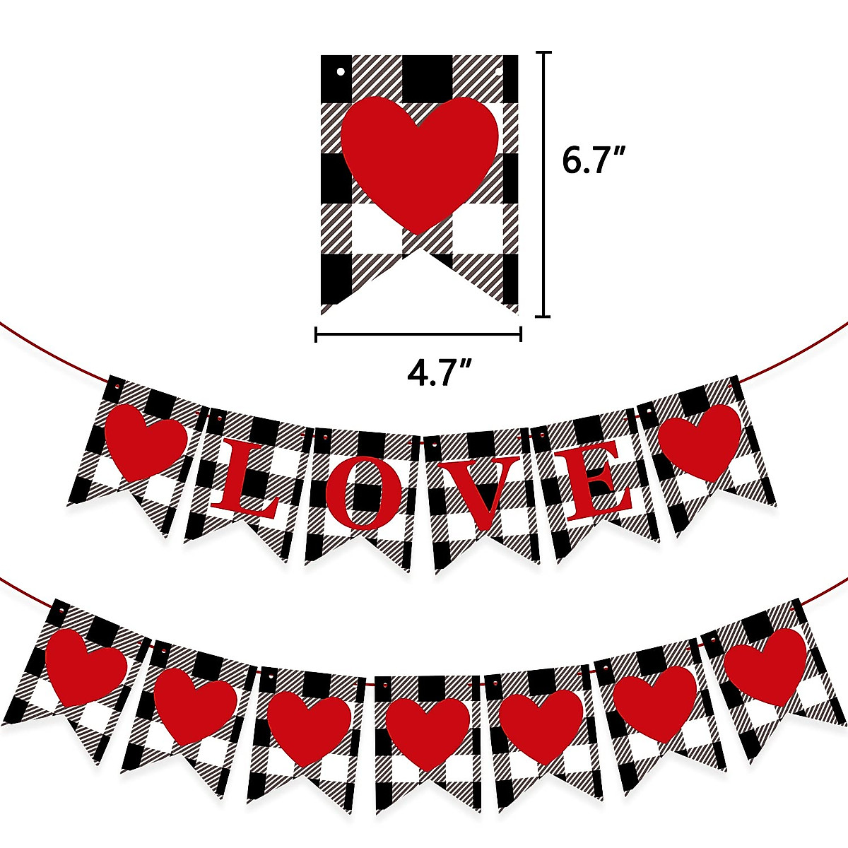 DUDOU Valentine's Day Love Banner Red Heart Buffalo Plaid Garlands Black White Hanging Bunting Sign Home Mantel Party Decorations