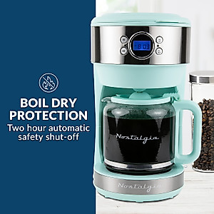 Nostalgia Retro Coffee Maker, 12 Cup, Vintage Coffee Machine with Adjustable Timer, Warm Function, Anti Drip, Glass Carafe Included, Aqua