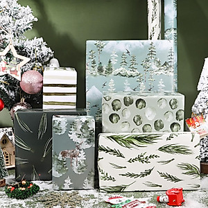 Vnaaem Forest Green Wrapping Paper - 6 Various Watercolor Woodland Reindeer Leaves and Tree Design Gift Wrap for Christmas Holiday Wedding Baby Shower Celebration - 20 X 28Inches Per Sheet(6 Pack)