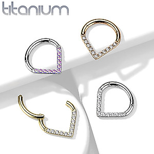 Dynamique Implant Grade Titanium Hinged Segment Hoop Ring With Single Line CZ Paved Chevron (Sold Per Piece)