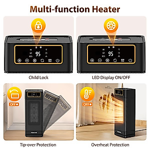 TENKER Space Heater, 1500W Portable Electric Heaters with Remote, Thermostat, Digital Display, 60°Oscillation, 1-12H Timer, Eco Mode and Fan Mode, PTC Ceramic Fast Heat for Office Bedroom Room