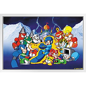 Mega Man Bosses Art Video Game Video Gamer Classic Retro Vintage 90s Gaming MegaMan Capcom Legacy Collection Megaman 11 Mega Man X Dr Wily White Wood Framed Poster 14x20