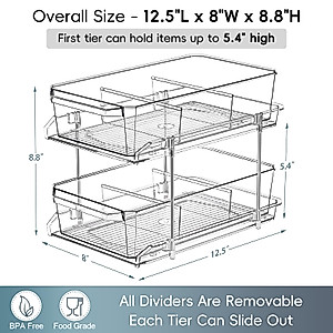 2 Tier Clear Organizer with Dividers, Multi-Purpose Slide-Out Storage Container, Bathroom Vanity Counter Organizing Tray, Under Sink Closet Organization, Kitchen Pantry Medicine Cabniet Storage Bins