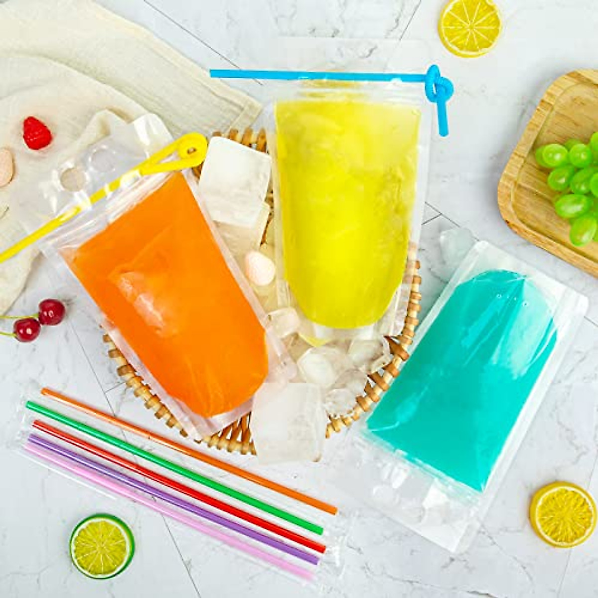 200 Pcs Drink Pouches for Adults, Reusable Plastic Juice Pouches Stand-up Smoothie Drink Pouches with Straw Funnel for Cool Summer Party, Cold Hot Drinks