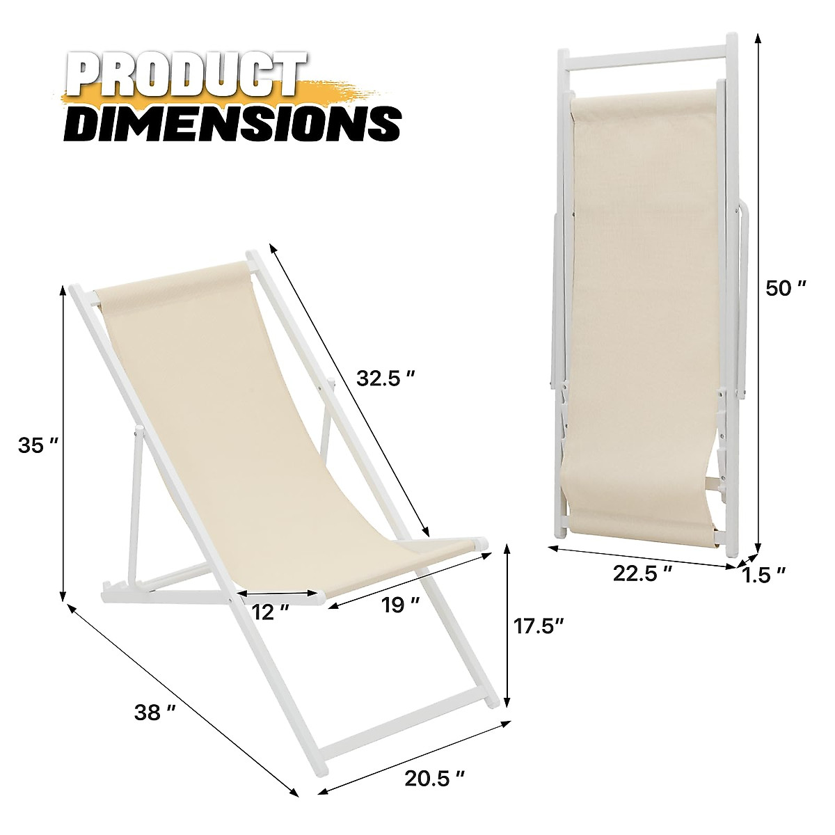 MoNiBloom Foldable Outdoor Adjustable Beach Patio Sling Chairs Portable Aluminum Frame Lounge Folding Chair Set of 2 (Beige)