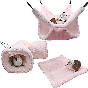 SEIS 3 Pcs Plush Hamster Hammock Set Sugar Glider Hanging Cage Accessories Set Small Animal Hammock Channel Mat for Guinea Pig Rat Gerbil Squirrel Birds Parrot (Pink)