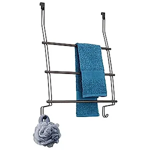 iDesign Classico Steel Over-The-Door Towel Rack with Storage Hooks - 16.75" x 4.25" x 24", Bronze